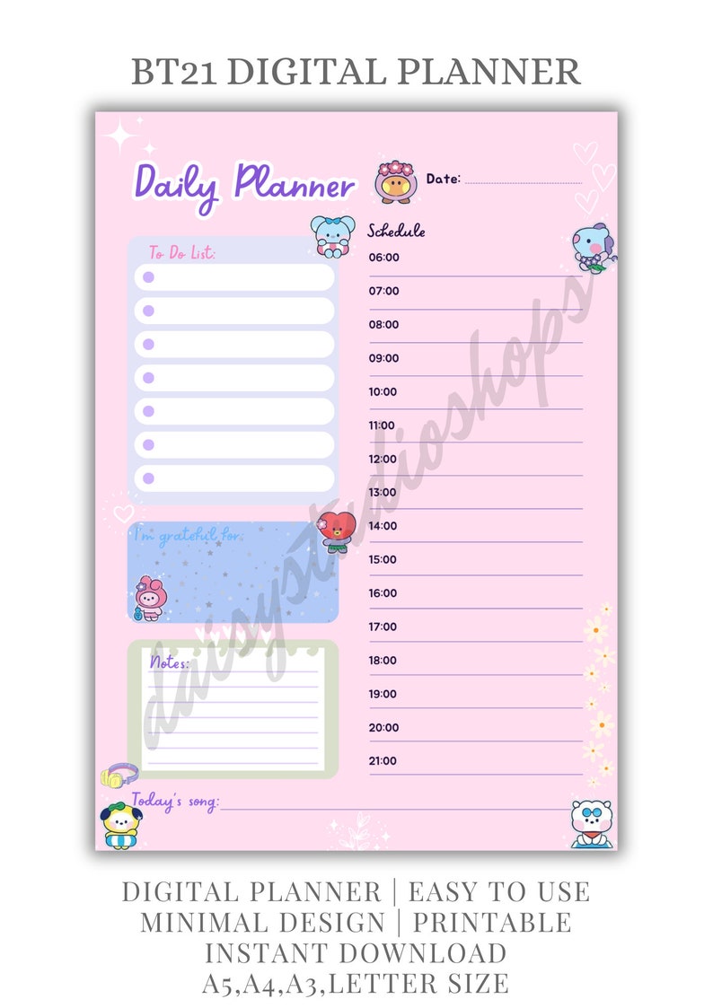 BT21 Digital Planner, Daily Planner, Printable, Instant Download, A4/a5 ...