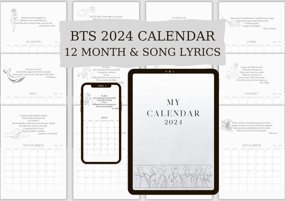 BTS 2024 Calendar With Song Lyrics, Printable Monthly Planner (digital ...