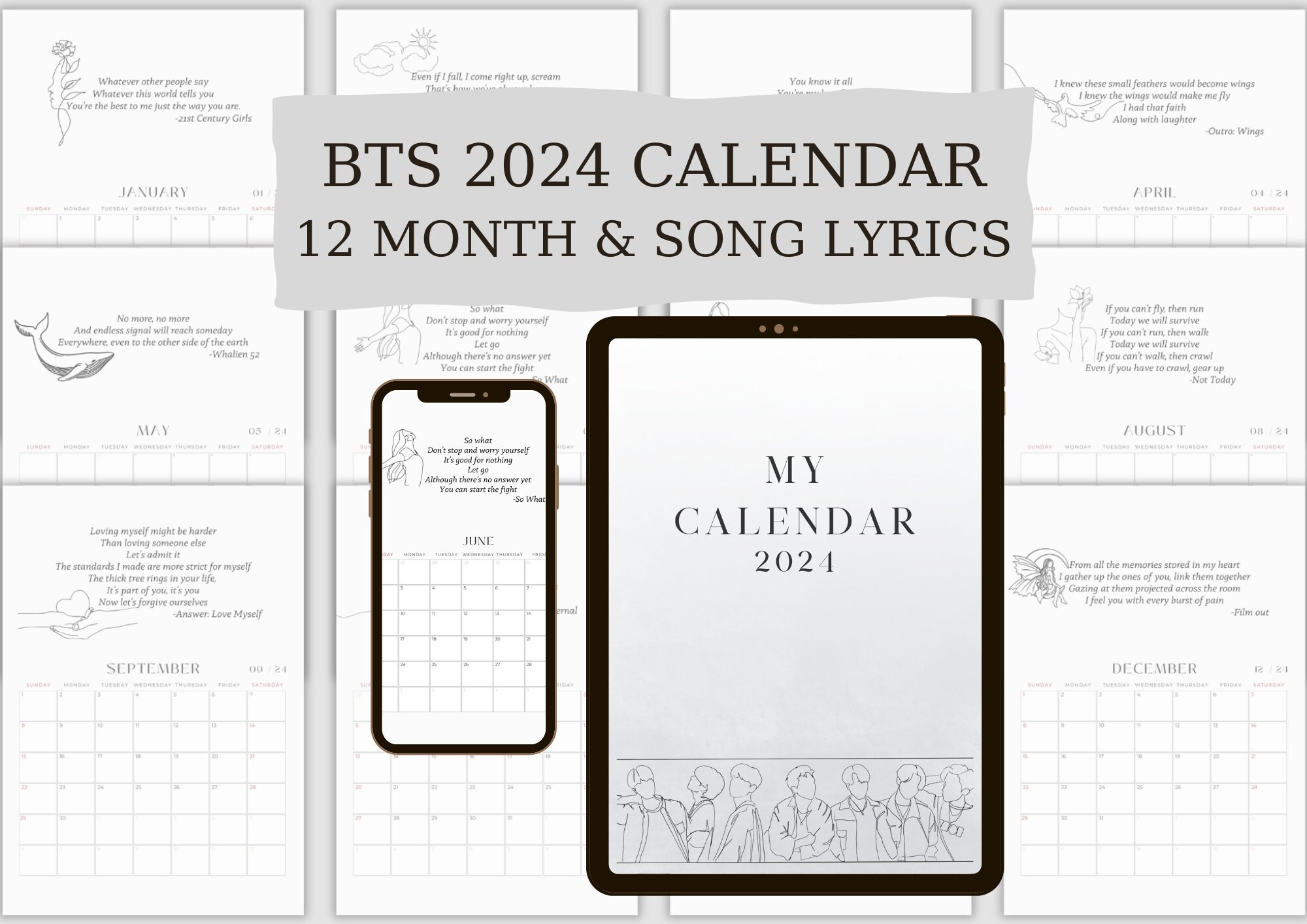 BTS 2024 Calendar With Song Lyrics, Digital Planner Bundle, Monthly ...