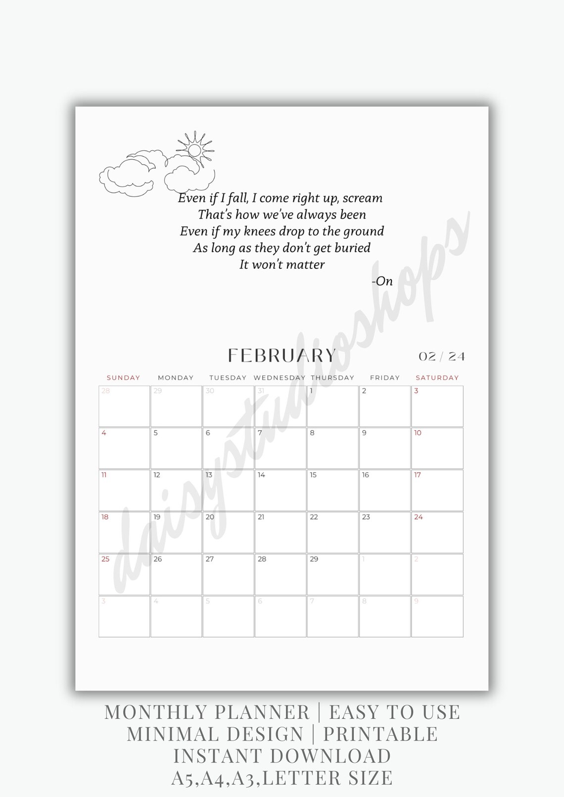 BTS 2024 Calendar With Song Lyrics, Printable Monthly Planner (digital ...