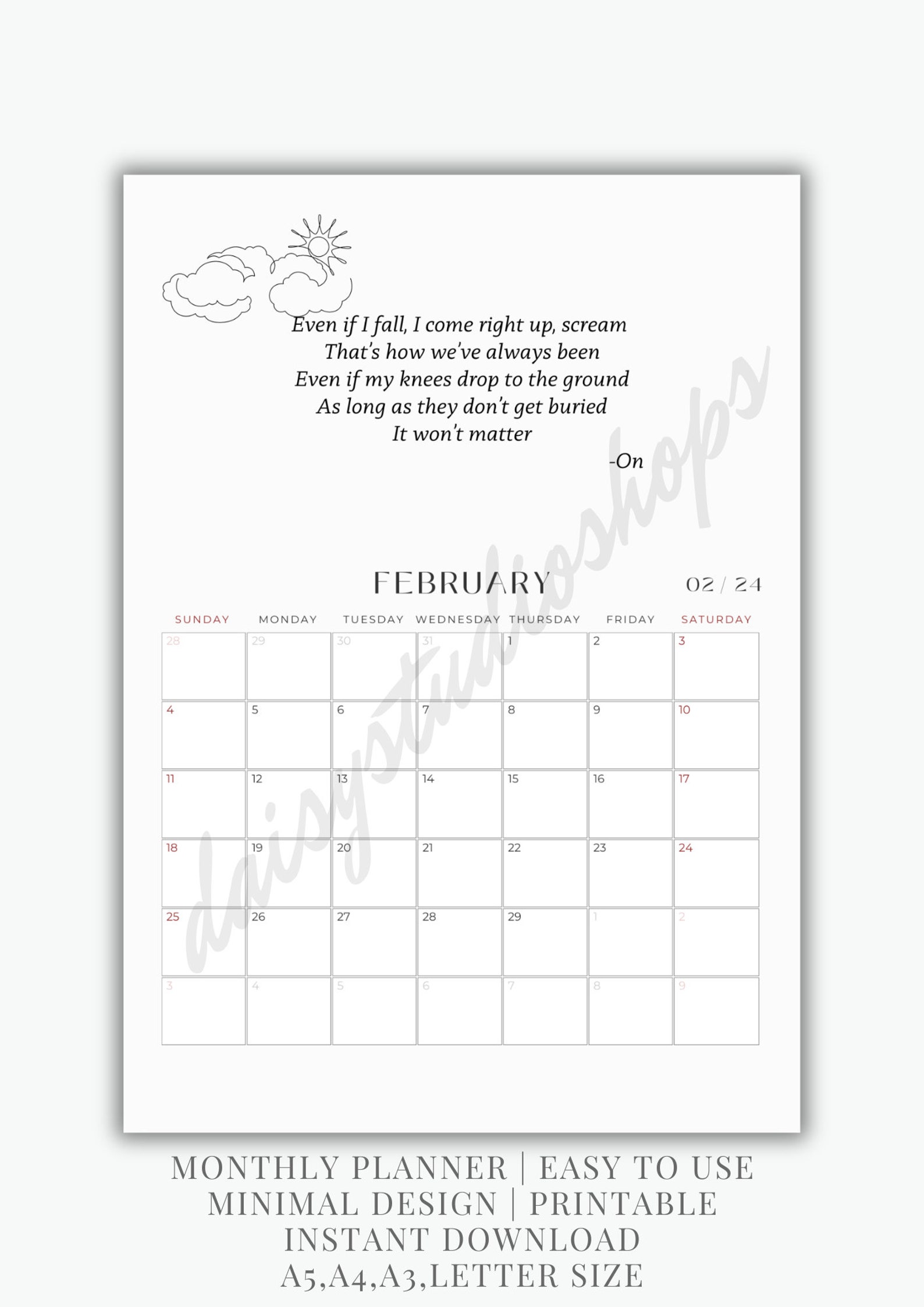 BTS 2024 Calendar With Song Lyrics, Printable Monthly Planner (digital ...