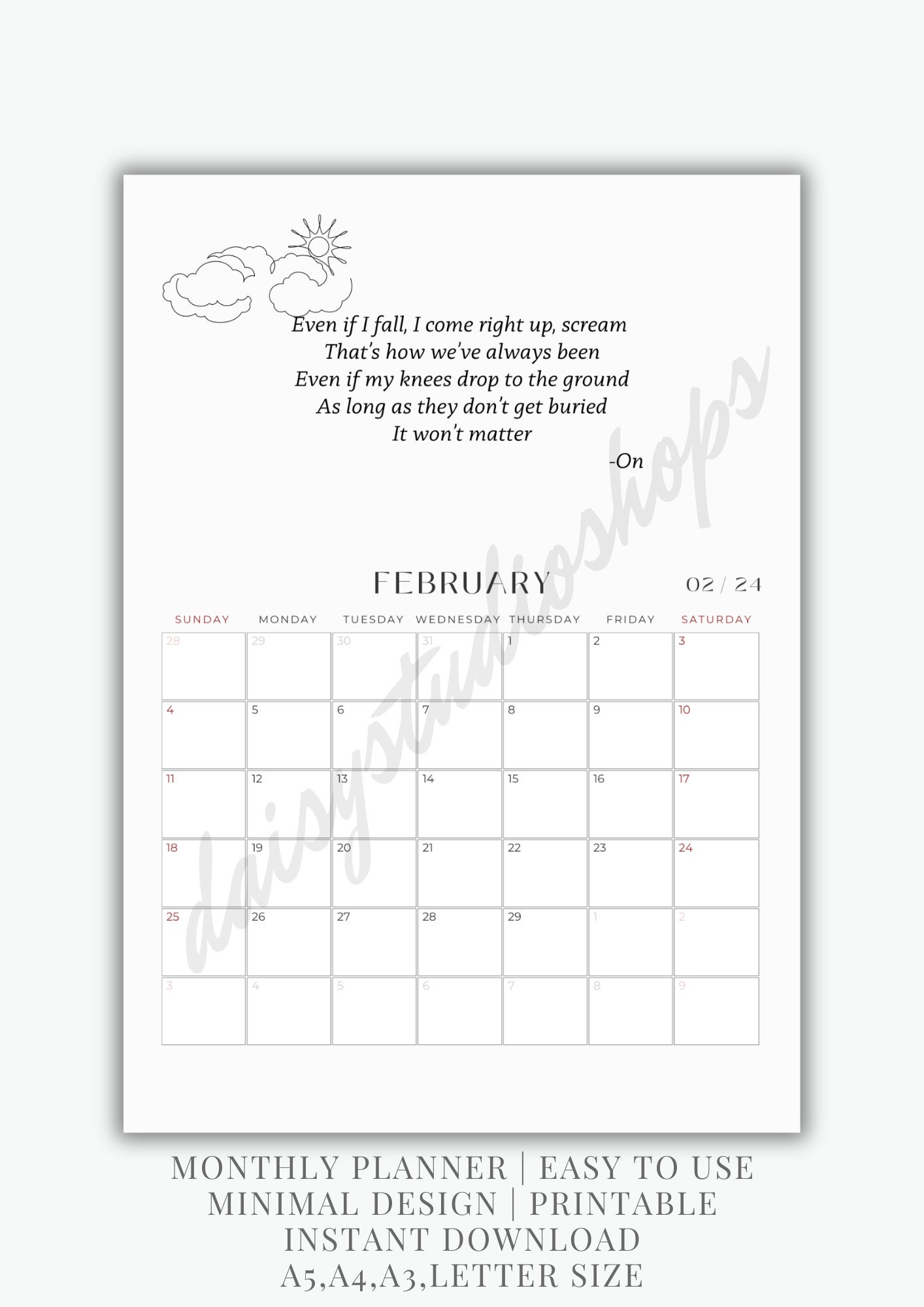 BTS 2024 Calendar With Song Lyrics, Printable Monthly Planner (digital ...