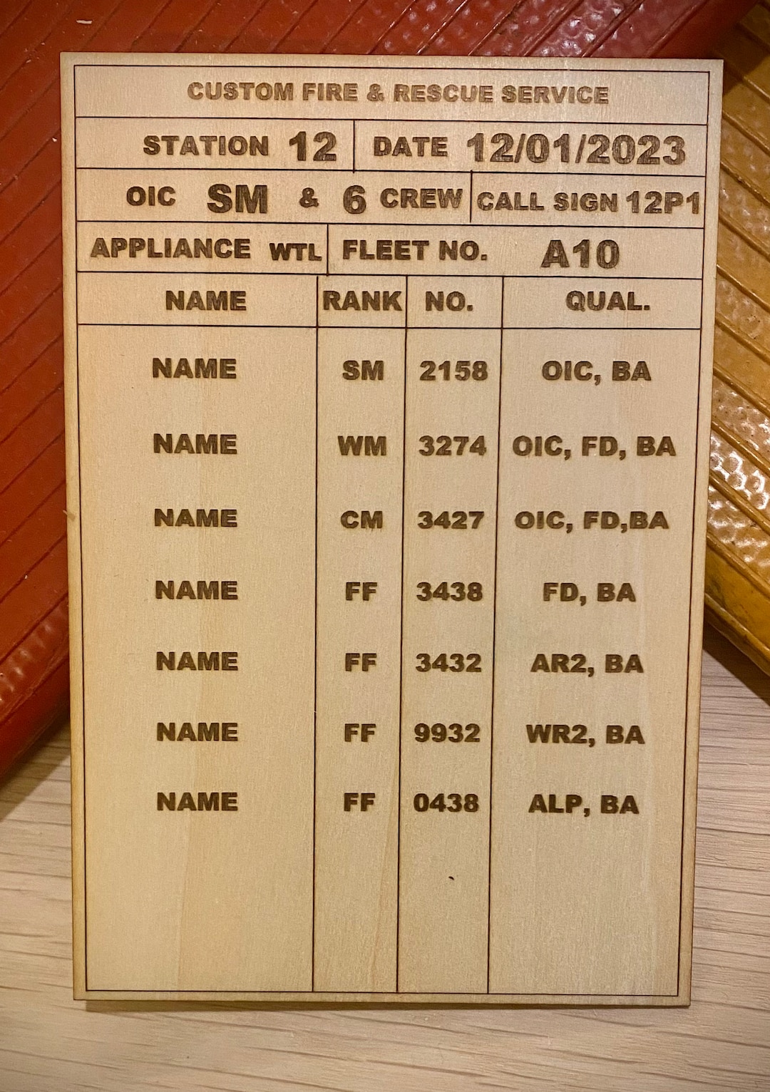 Bespoke Custom Wooden Firefighter Crew Nominal Role Riders Board Gift ...