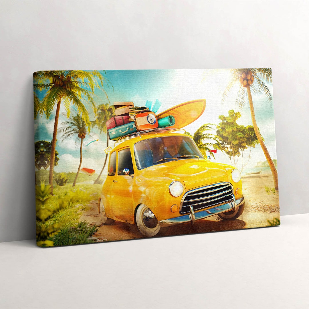 Car With a Surfboard Canvas, Picture Wall Hanging, Yellow Wall Art ...