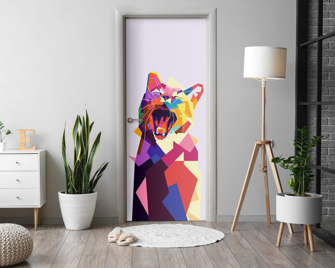 Colorful Roaring Cat Door Sticker, Self-adhesive Cover, Animals Door ...