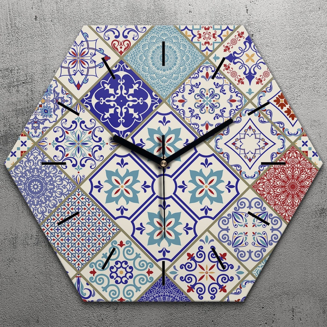 Traditional Mosaic, Hexagon Clock, Blue, Classic Design, Hexagon Shape ...