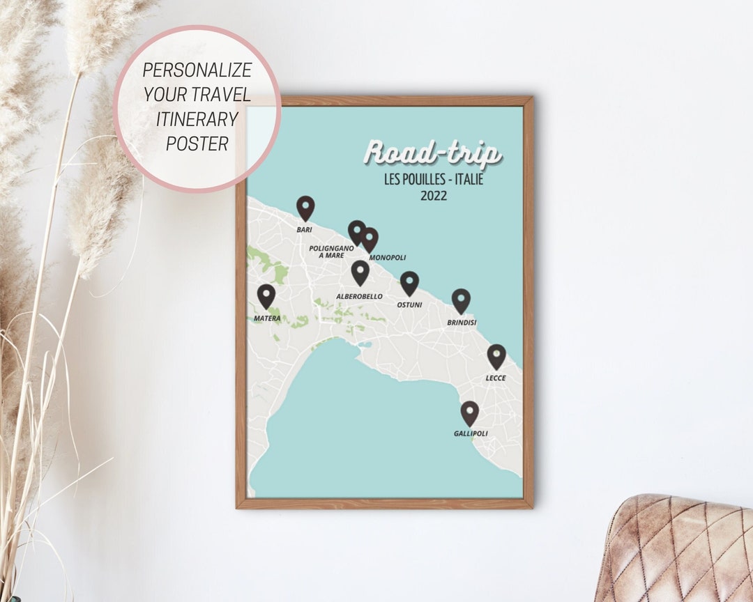 Custom Travel Itinerary Poster Digital Personalized Travel Map ...