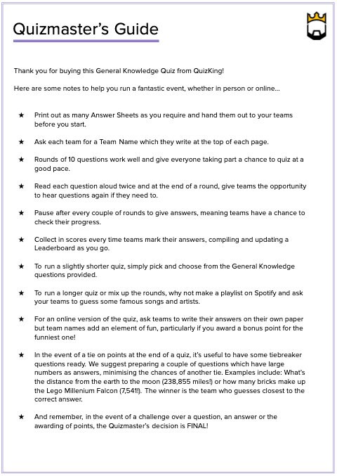 General Knowledge Quiz Vol 2 50 Fun Questions Printable Family Quiz ...