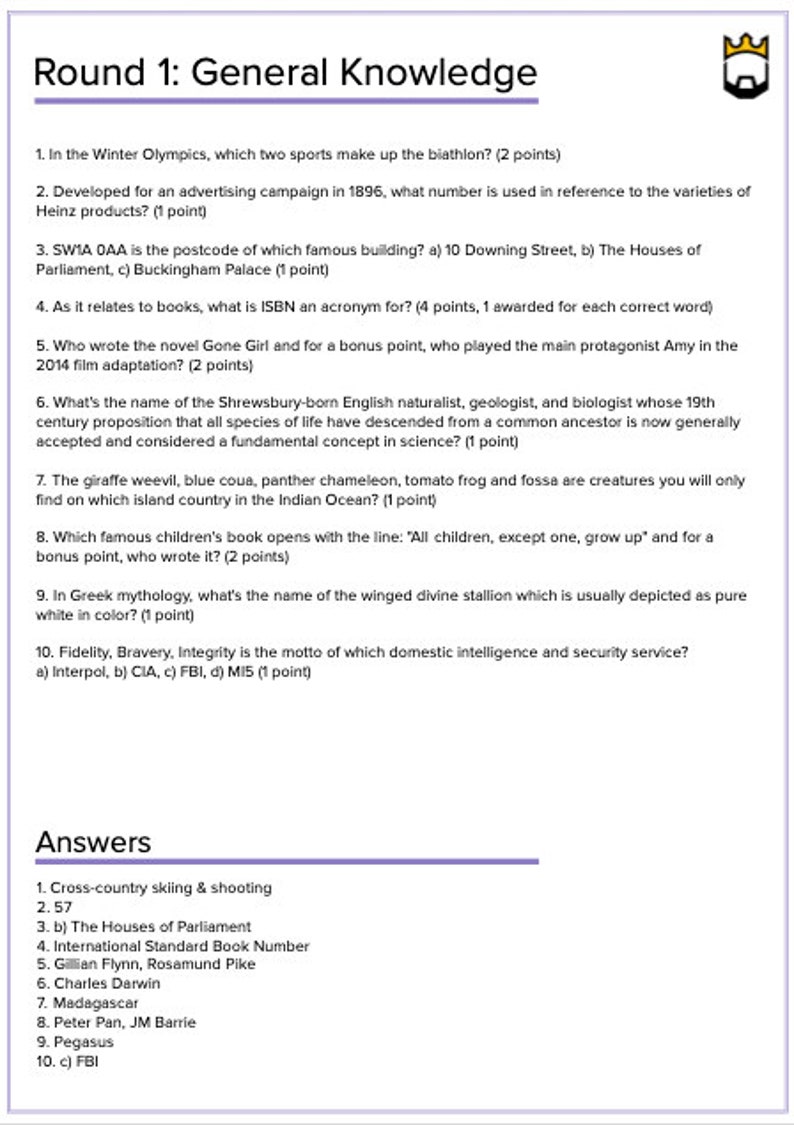 General Knowledge Quiz Vol 2 50 Fun Questions Printable Family Quiz ...