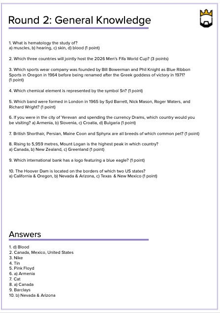 General Knowledge Quiz Vol 2 50 Fun Questions Printable Family Quiz ...