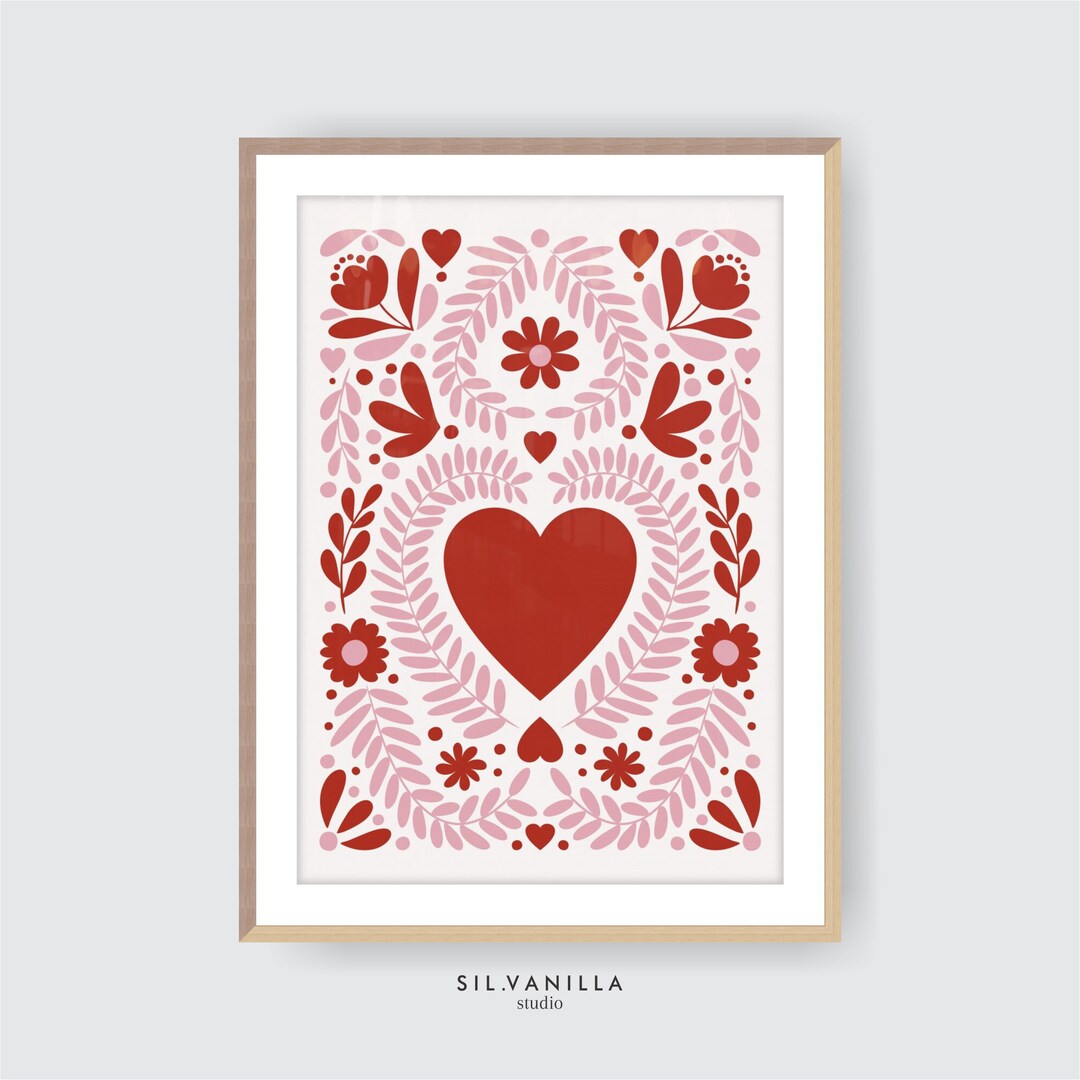 Red Folk Heart Illustration Printable Wall Art Contemporary Modern Pink ...
