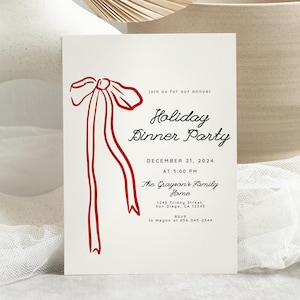 Hand Drawn Holiday Party Invitation Template, Red Bow Christmas ...