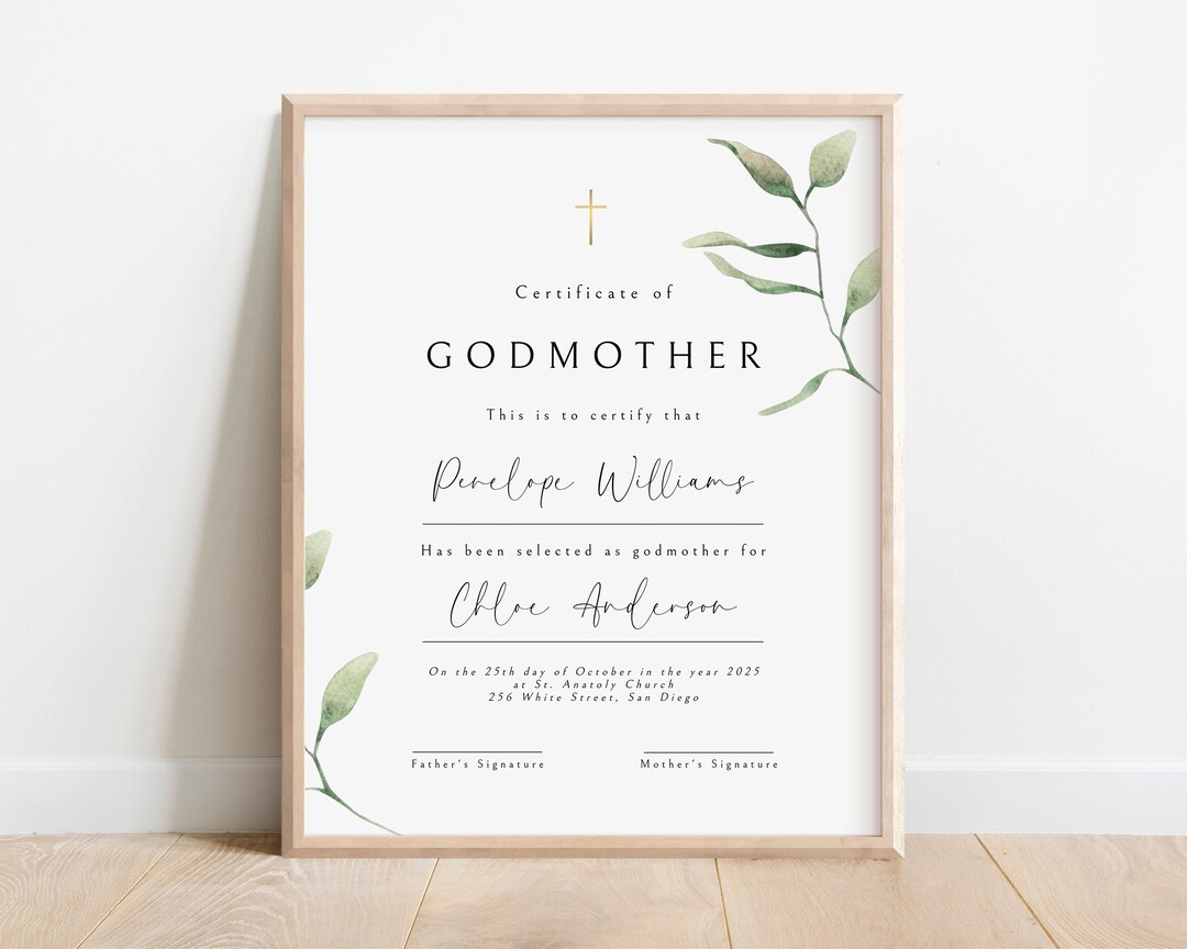 Greenery Godmother Certificate Template, Minimalist Godfather ...