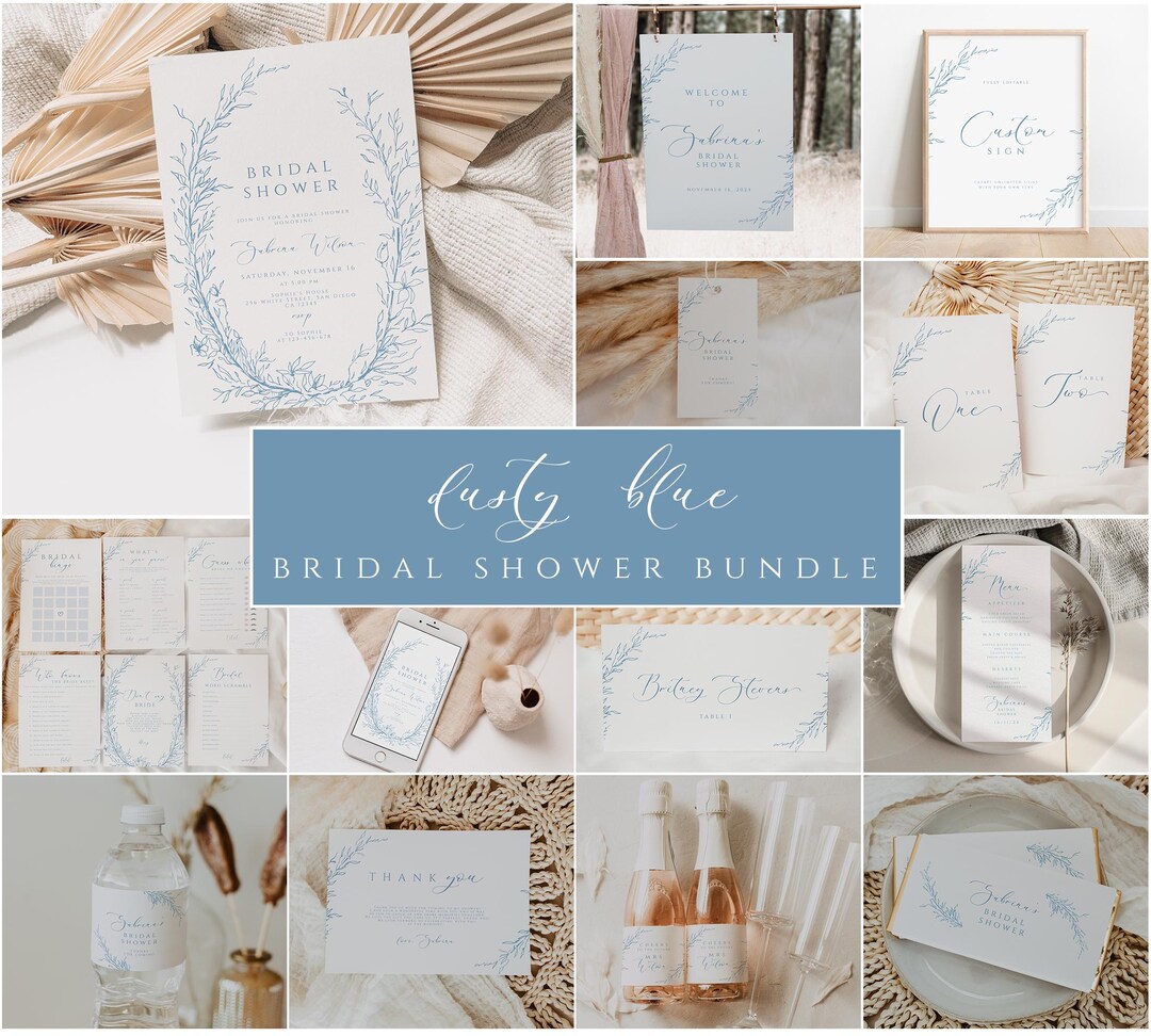 Dusty Blue Bridal Shower Invitation Bundle Editable Victorian Bridal Shower Games Bundle ...