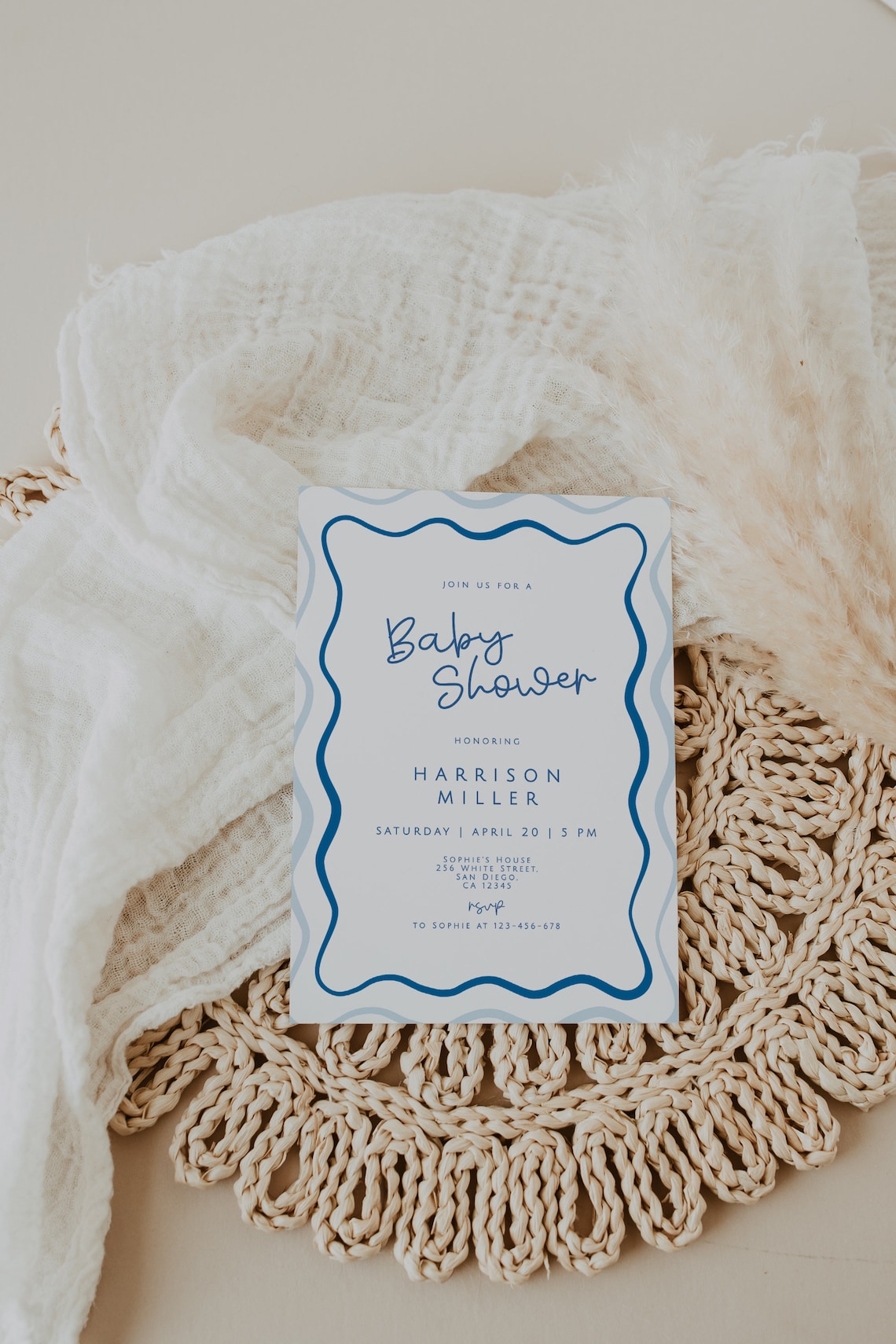 Boy Blue Baby Shower Invitation Template, Wavy Border Baby Shower ...