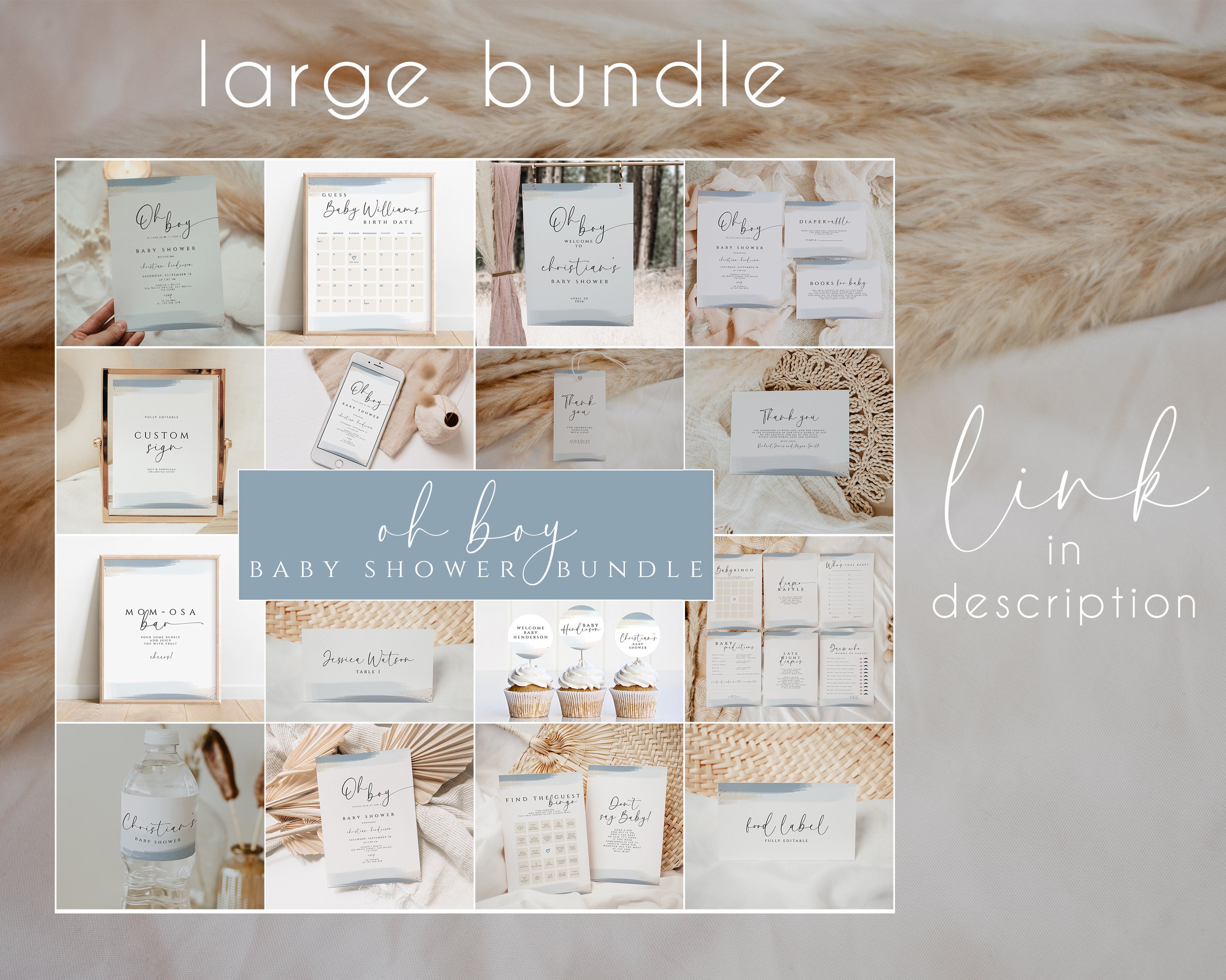 EDITABLE Oh Boy Baby Shower Thank You Flat Note Card Dusty Blue Thank ...