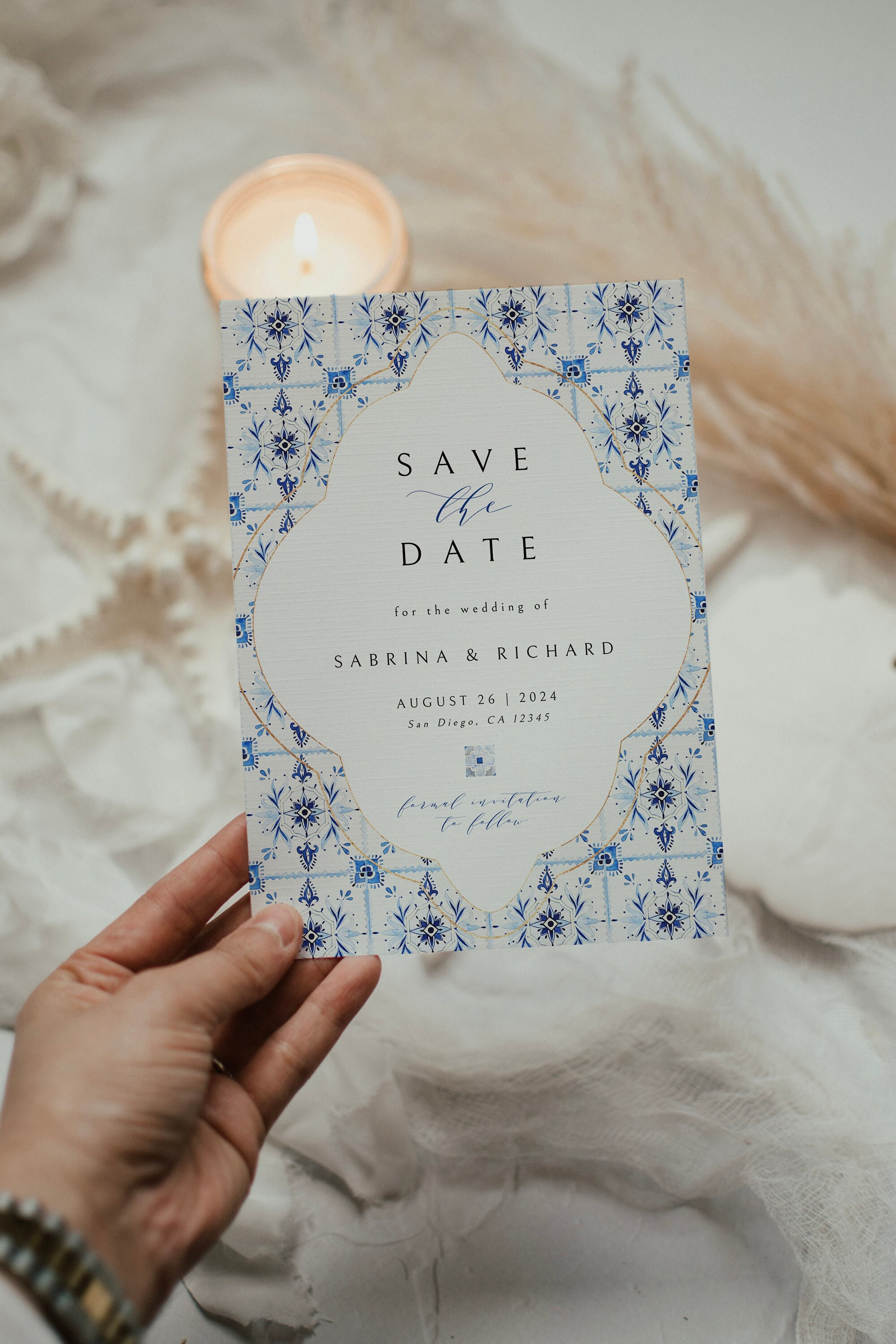 Blue Tiles Save the Date Template, Mediterranean Wedding Save Our Date ...