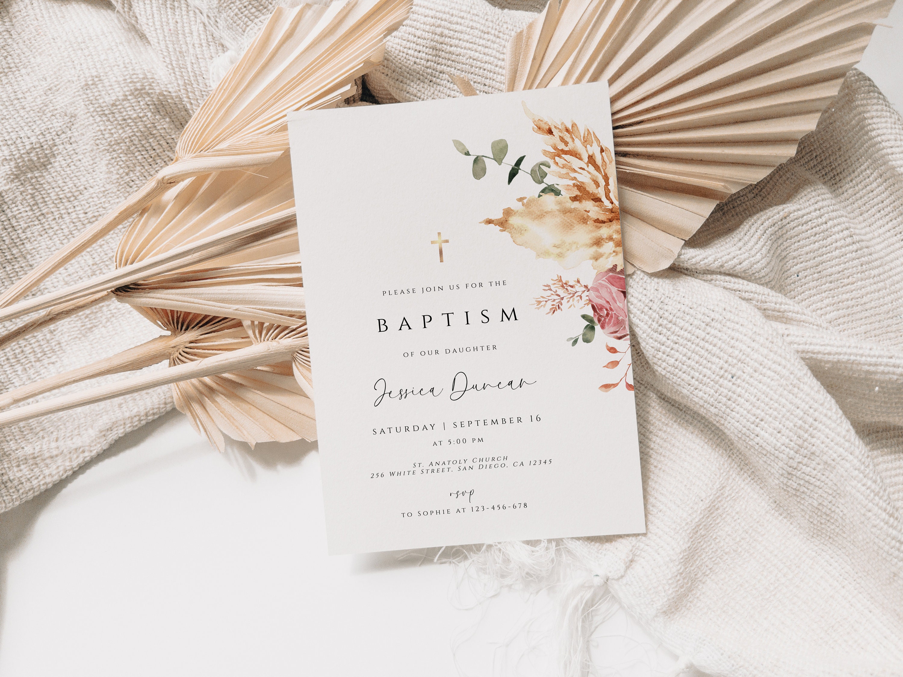 Boho Blush Baptism Invitation Template, Pampas Grass Baptism Invitation ...