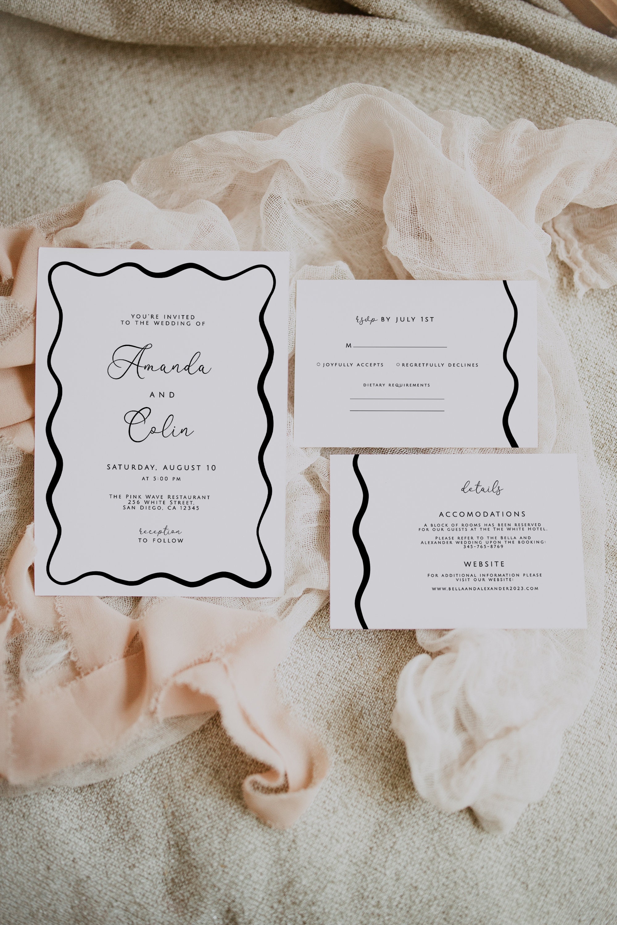 Wavey Wedding Invitation Template, Curve Modern Wedding Invite, Wavy ...