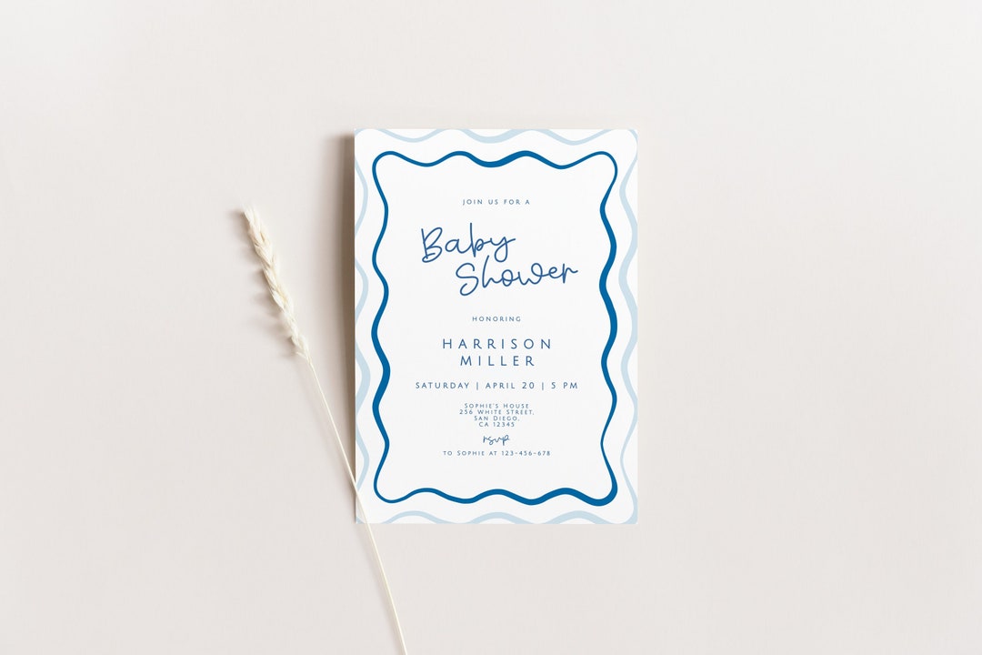 Boy Blue Baby Shower Invitation Template, Wavy Border Baby Shower ...