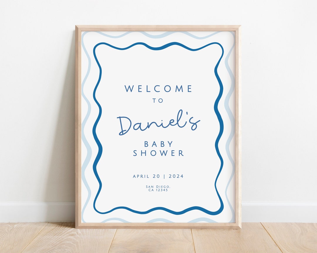 Dusty Blue Wavy Border Baby Shower Welcome Sign, Boy Welcome Sign ...