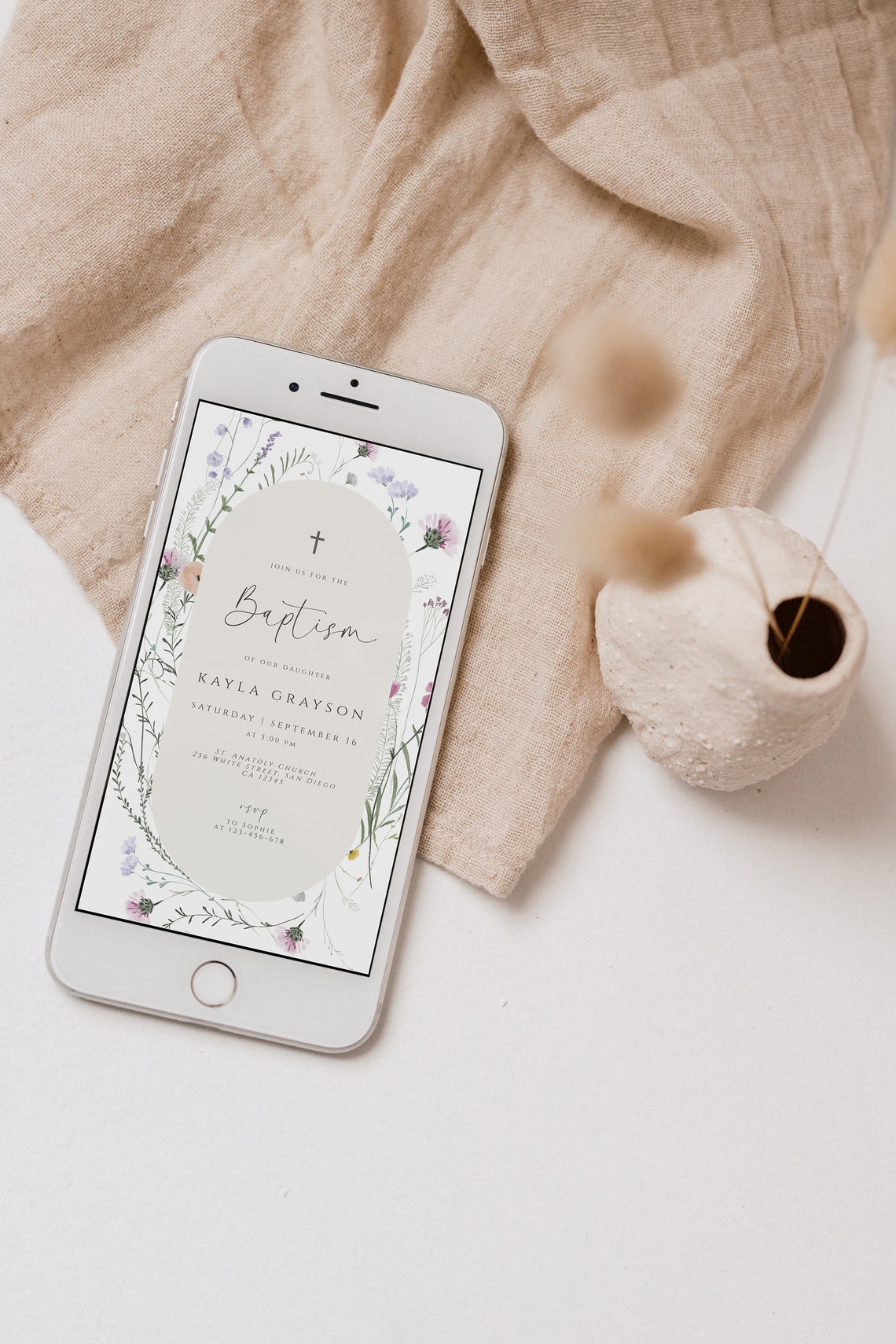 Digital Baptism Invitation Template, Wildflower Baptism Evite, Girl ...