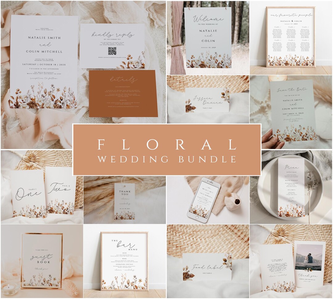 Wildflower Wedding Bundle Template, Fall Wedding Invitation Bundle ...