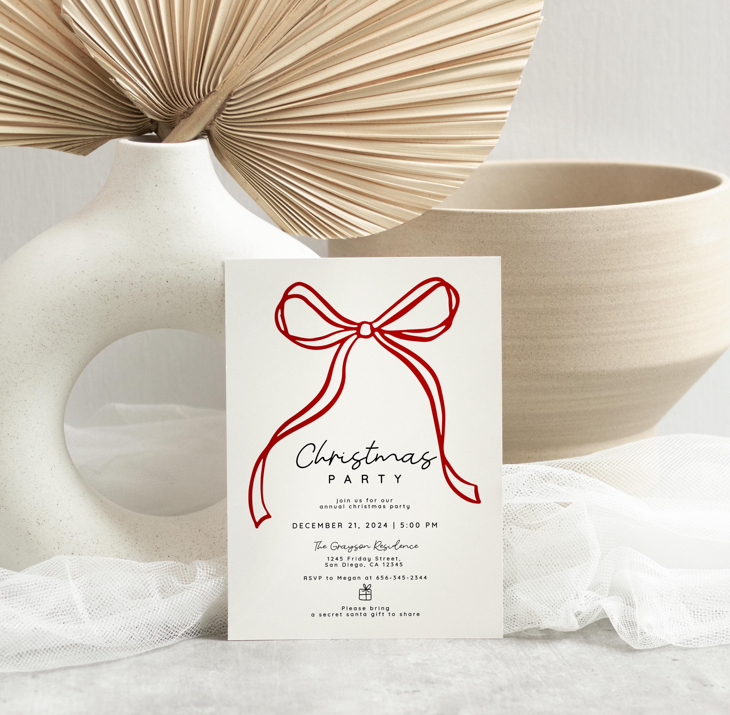 Hand Drawn Christmas Party Invitation Template, Red Bow Christmas ...