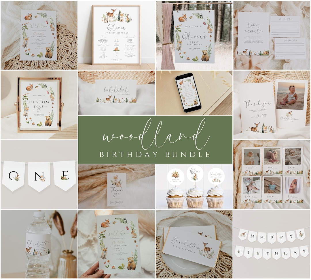 Editable 1st Birthday Invitation Bundle Woodland Birthday Bundl Forest ...