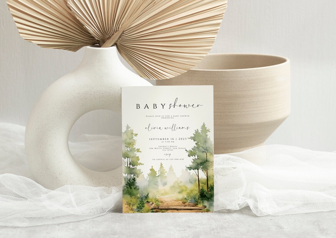 Pine Tree Forest Baby Shower Invitation Template Set Woodland Baby ...