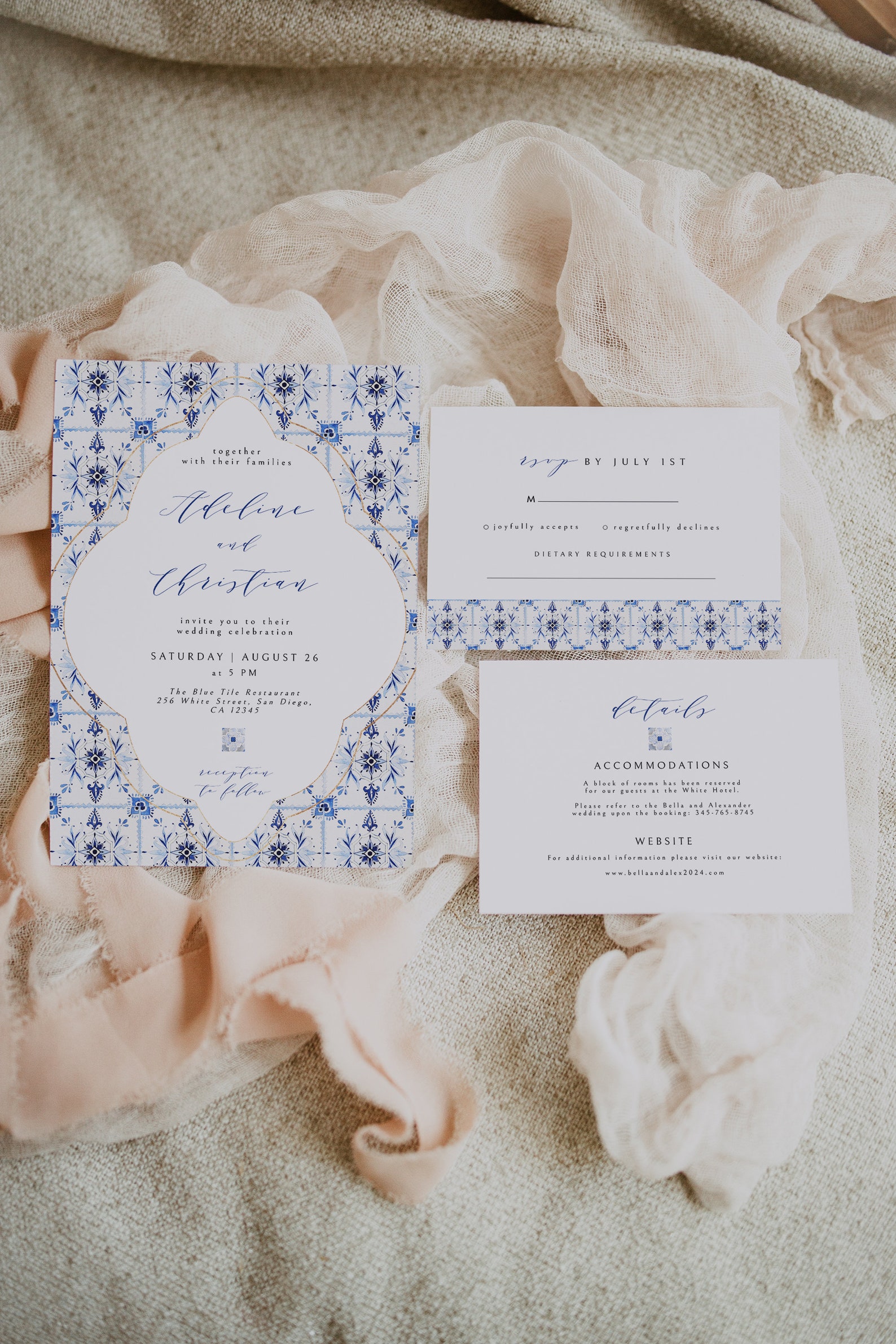 Italian Blue Tiles Wedding Invitation Template, Mediterranean Wedding ...
