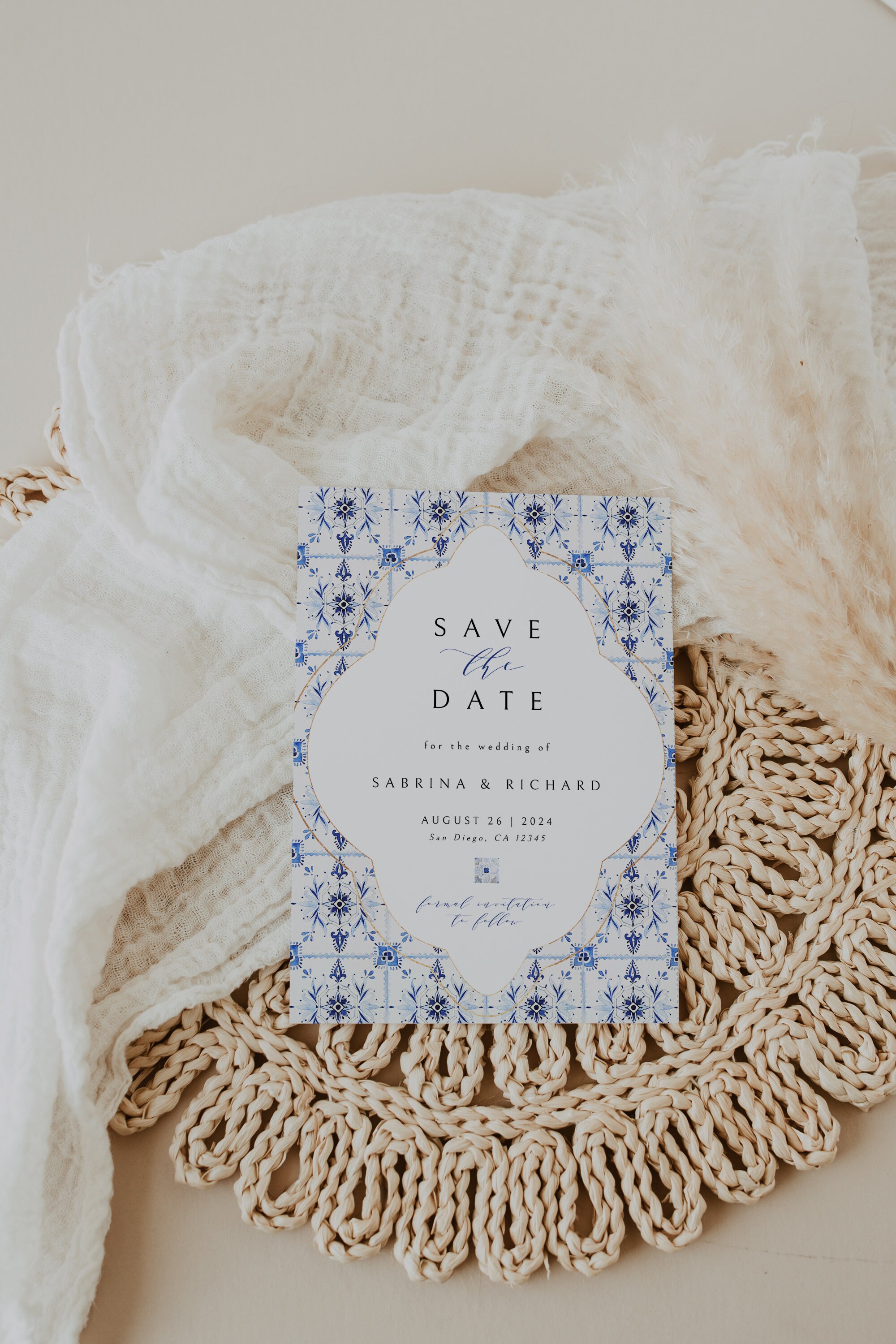 Blue Tiles Save the Date Template, Mediterranean Wedding Save Our Date ...