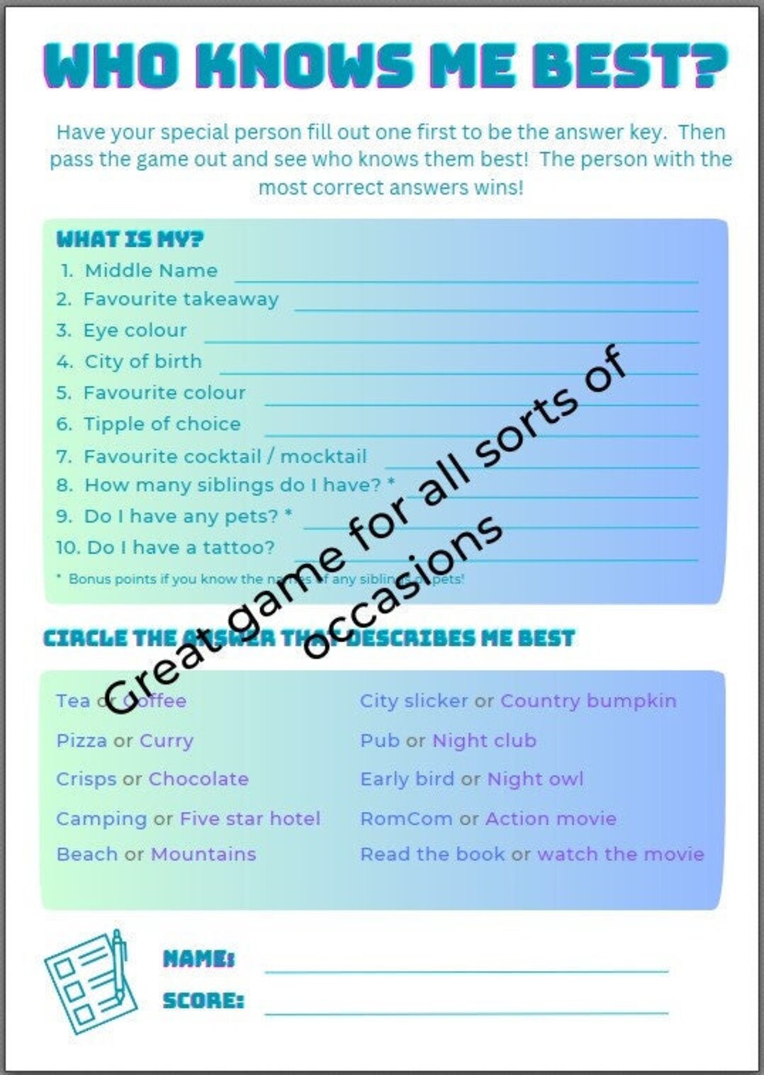 INSTANT DOWNLOAD: Party Game Who Knows Me Best Great for Birthday, Hen ...