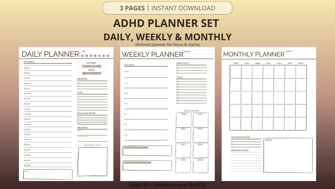 Simple ADHD Planner Printable | Daily Weekly Monthly | Minimal Focus ...