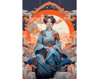 Japanese Princess sotoori Hime in Peach Kimono Holding an Open Fan by ...