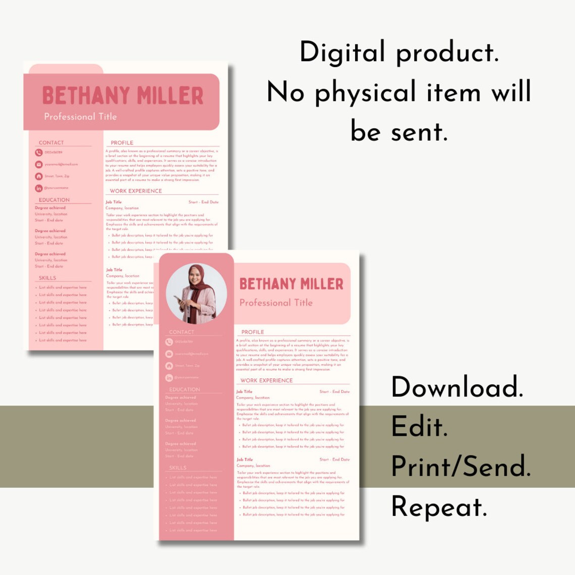 Resume Template and Cover Letter Template, Editable, Professional ...