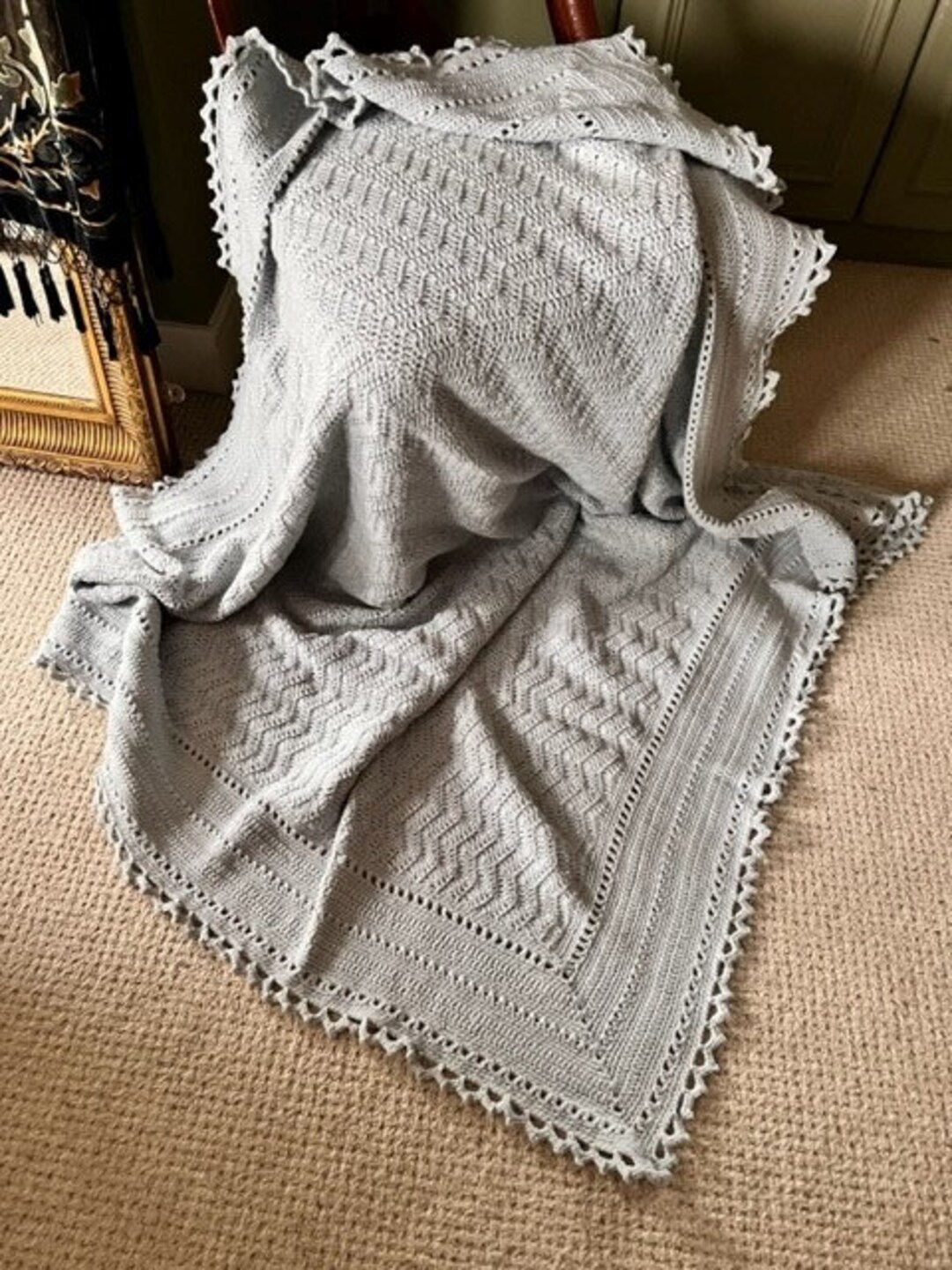 Hand Crocheted Throw in Dove Grey. Wave & Picot Patterns. - Etsy