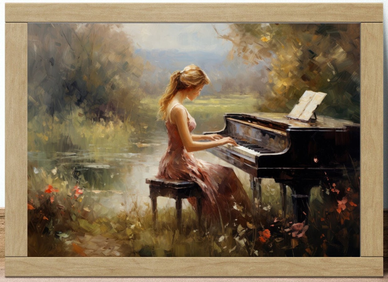 Girl Playing Piano Oil Painting, Piano Art Prints, Spring Background ...