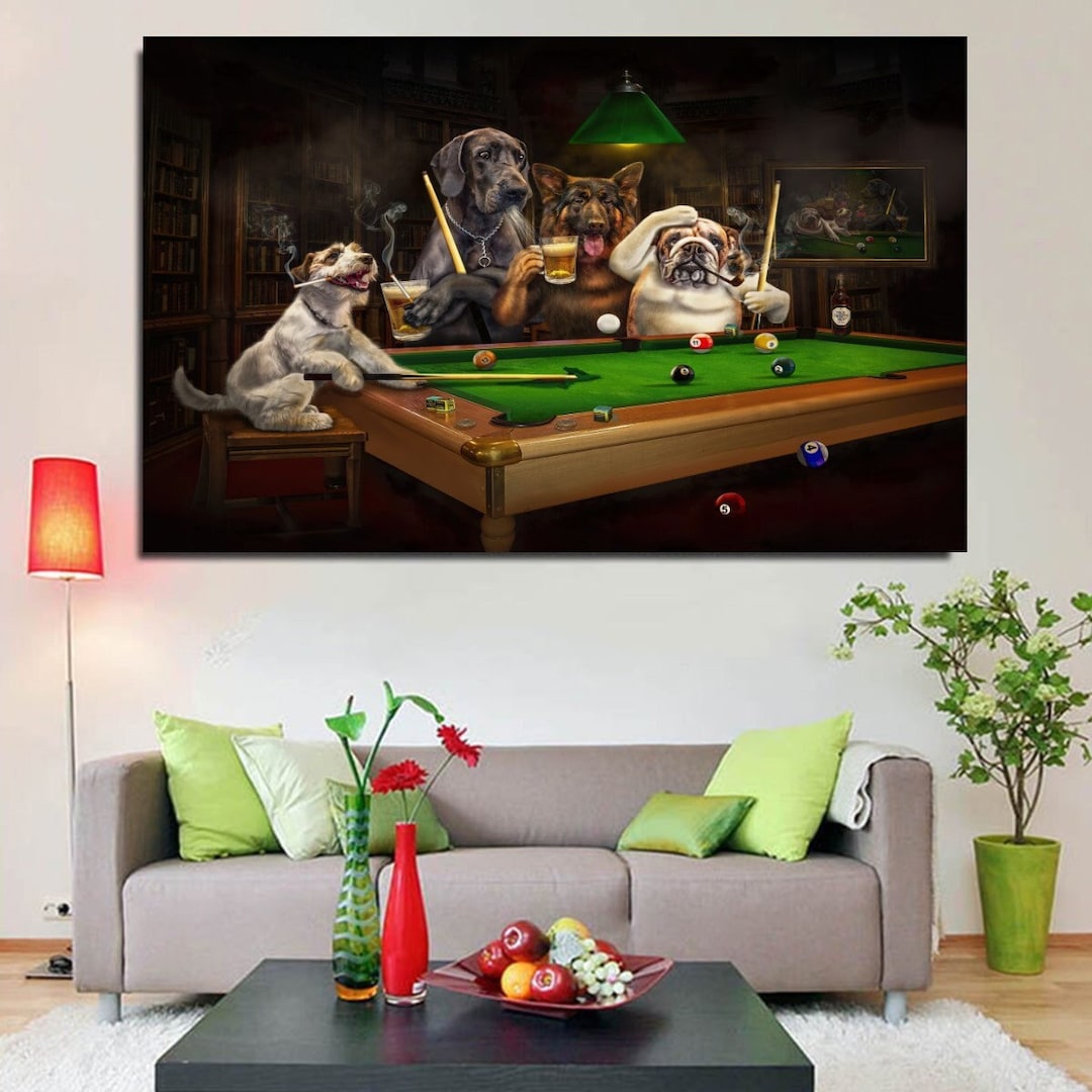 Funny Dogs Playing Billiards Wall Art , Pets Playing Pool Painting ...