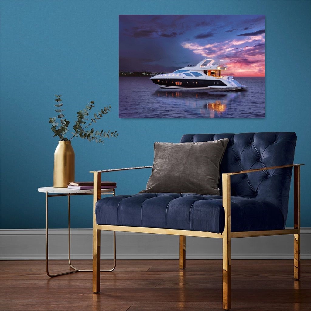 White Yacht at Sea Night Poster Decorative Painting, Sea Wall Art Yacht ...