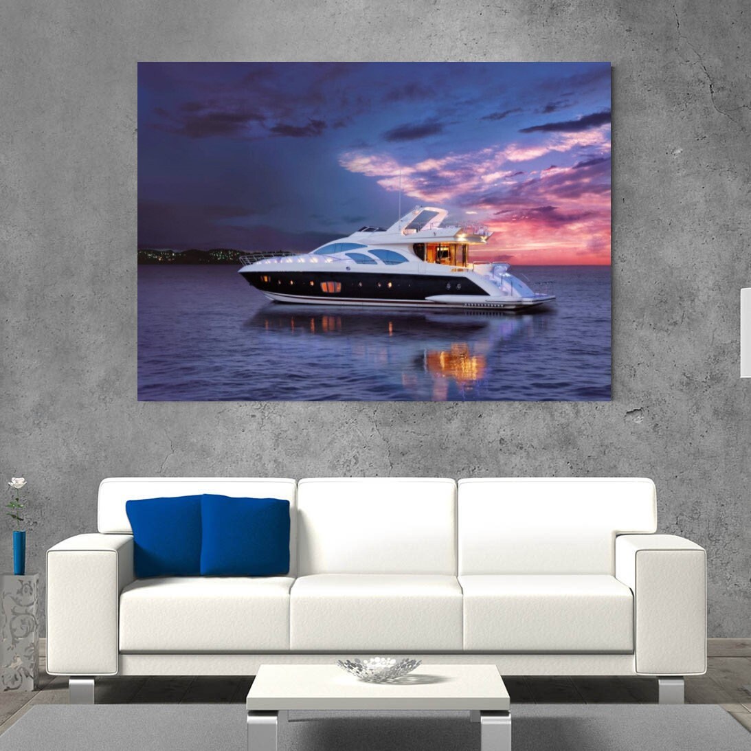 White Yacht at Sea Night Poster Decorative Painting, Sea Wall Art Yacht ...