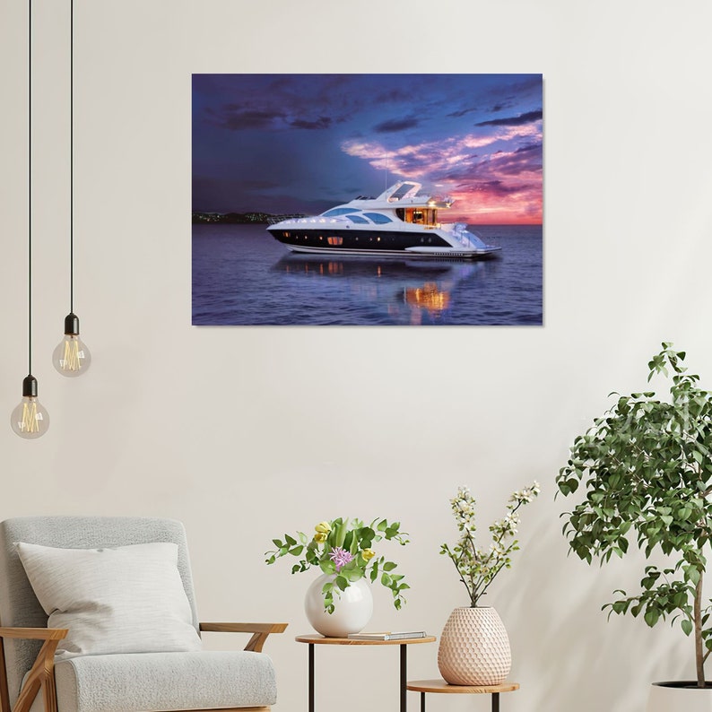 White Yacht at Sea Night Poster Decorative Painting, Sea Wall Art Yacht ...