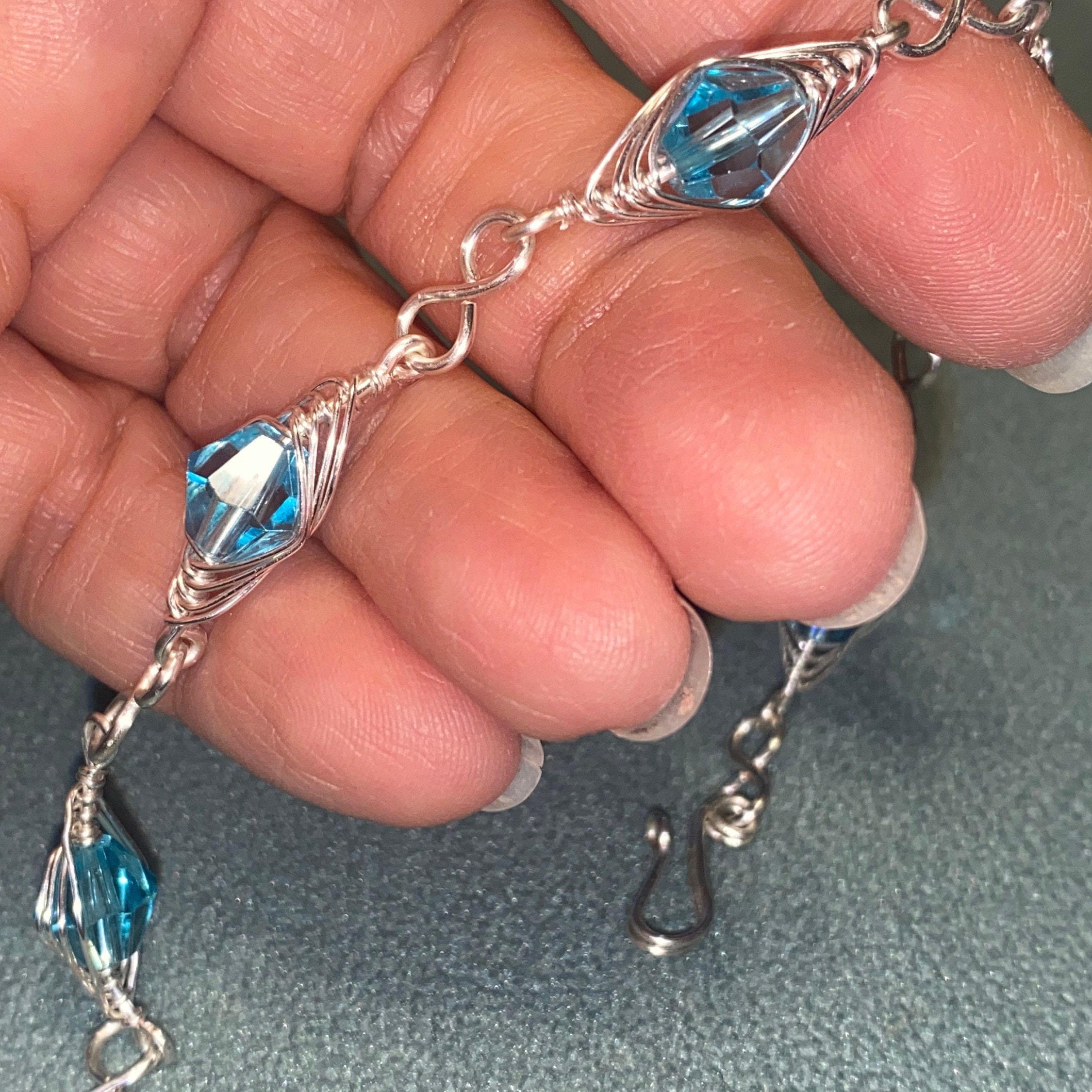 Wire-wrapped, Blue Topaz Colored Bi-cone Crystal Bracelet in Silver ...