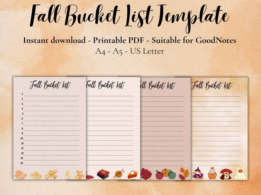 Fall Bucket List Printable, Four Cute Designs, Instant Downloadable PDF ...