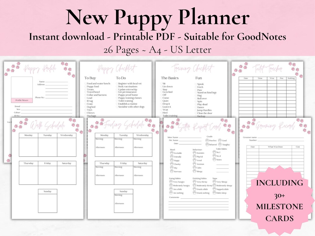 New Puppy Planner, Training, Checklists, Milestone Cards | Digital and ...