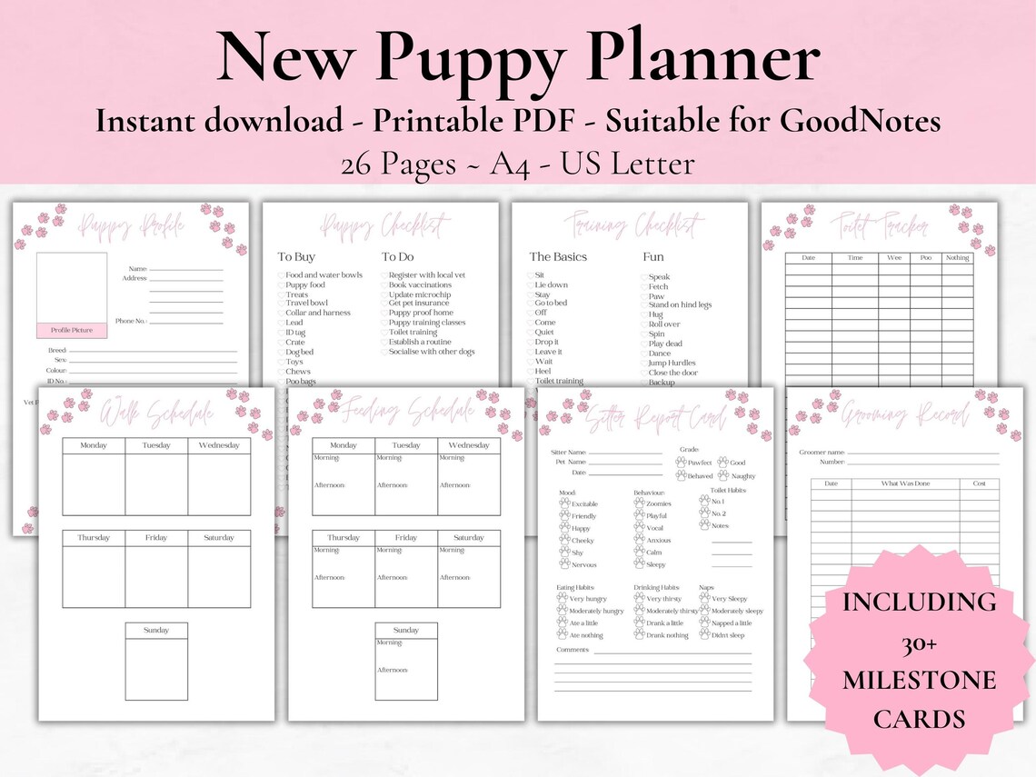 New Puppy Planner, Training, Checklists, Milestone Cards | Digital and ...