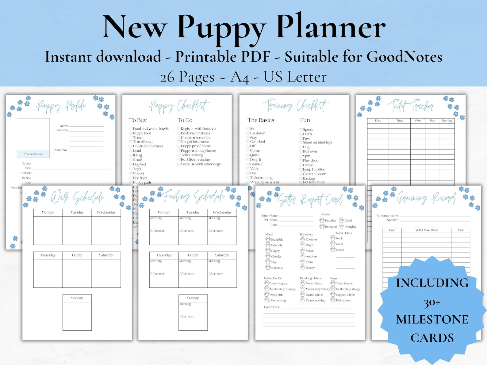 New Puppy Planner, Training, Checklists, Milestone Cards | Digital and ...