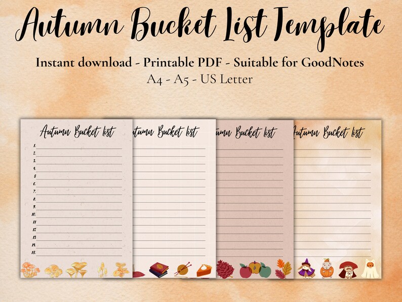Autumn Bucket List Printable, Four Cute Designs, Instant Downloadable ...