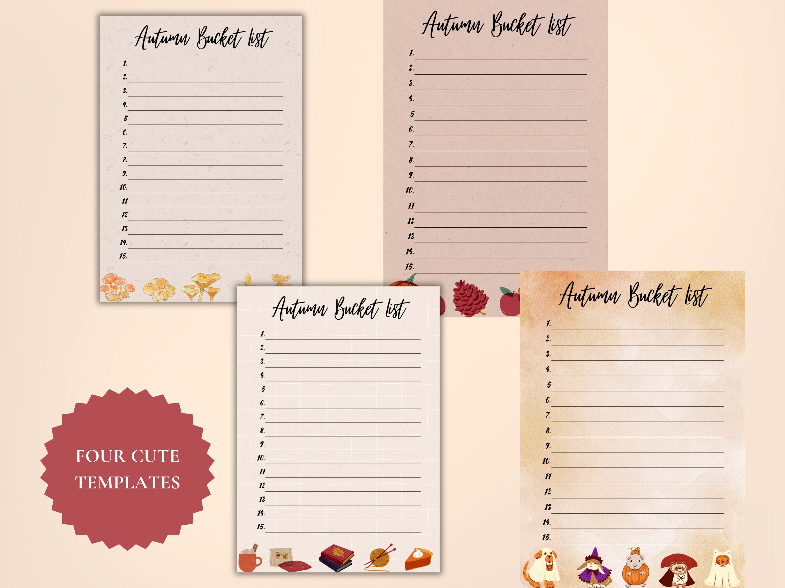 Autumn Bucket List Printable, Four Cute Designs, Instant Downloadable ...