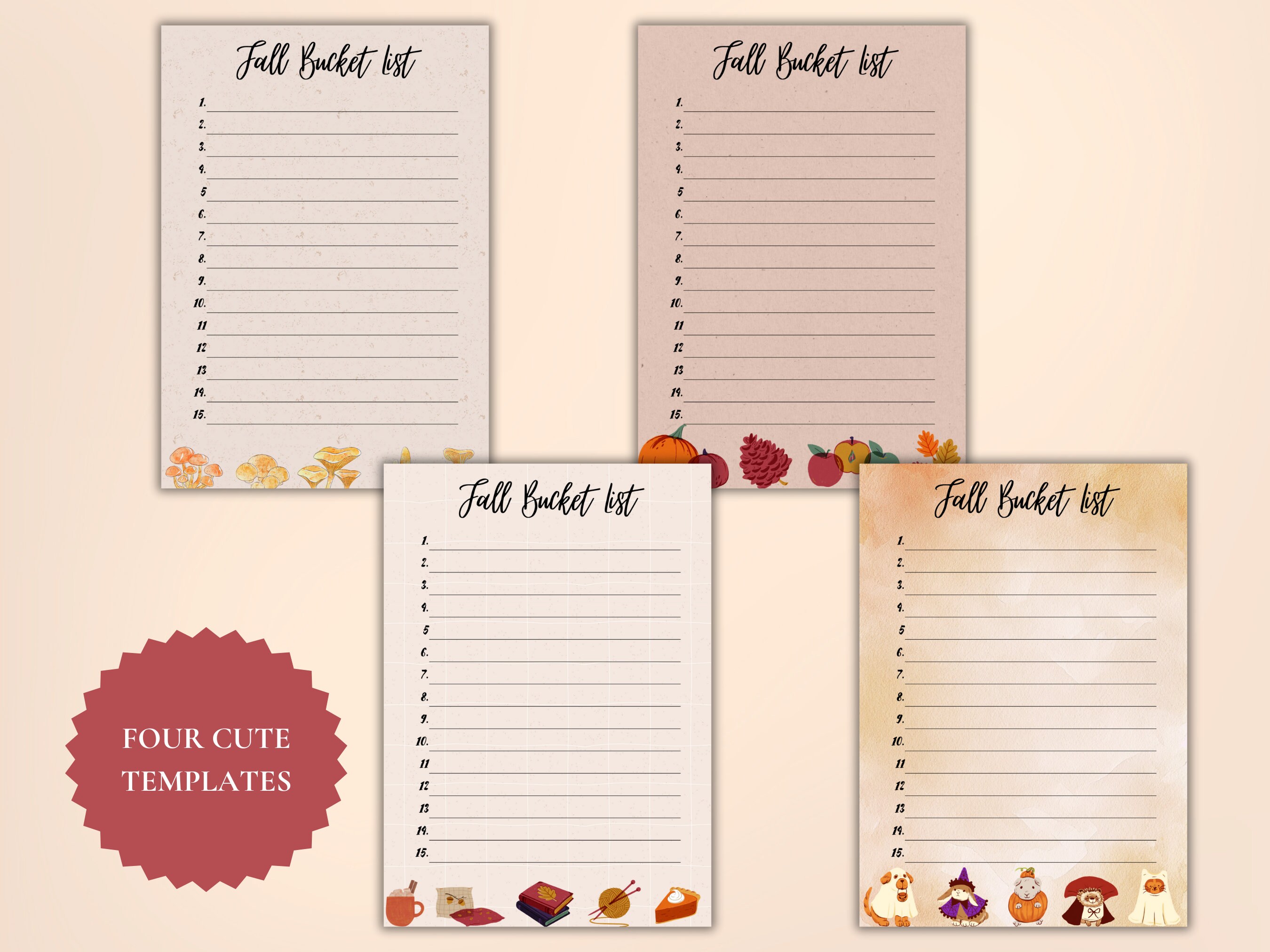 Fall Bucket List Printable, Four Cute Designs, Instant Downloadable PDF ...